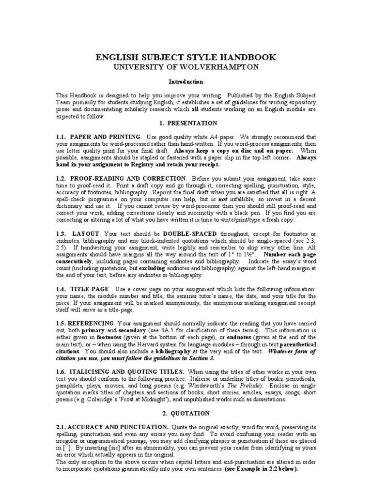 English Subject Style Handbook | PDF | Note (Typography) | Citation