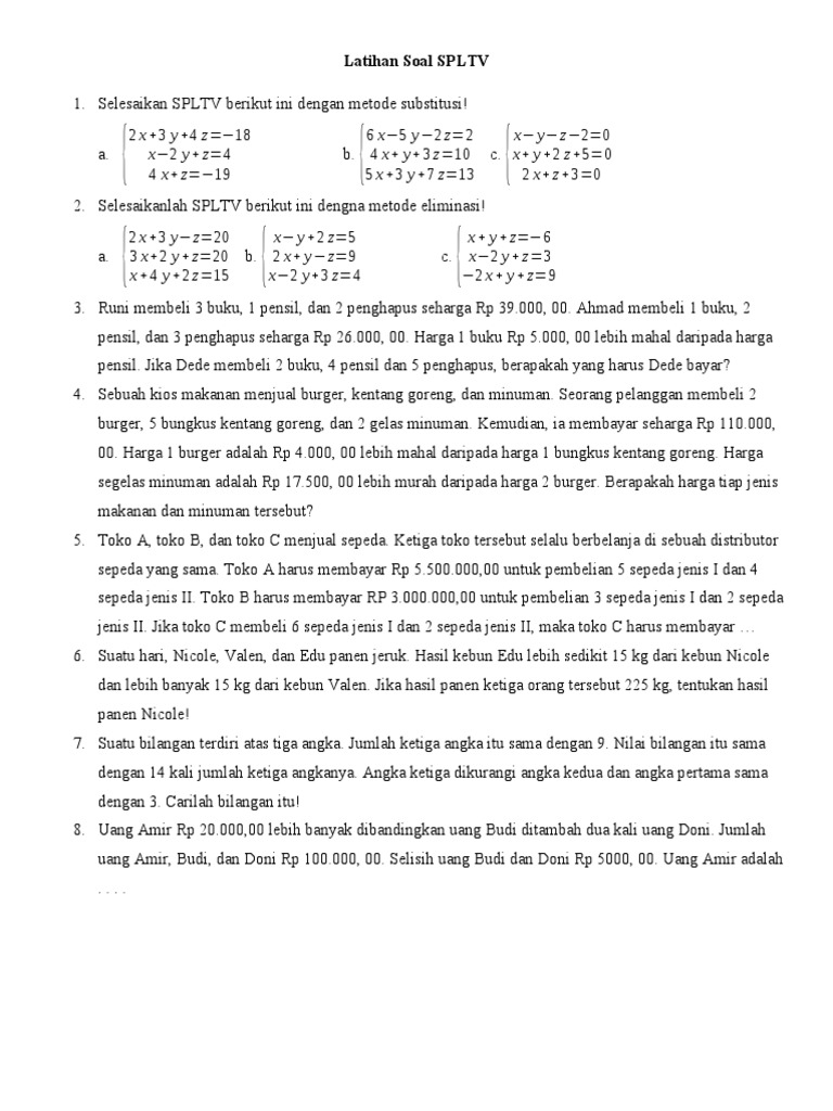 Latihan Soal SPLTV Grade 10 | PDF