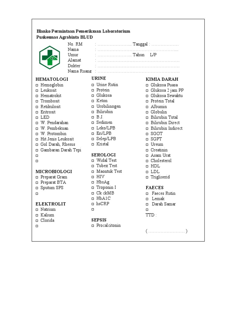 Blanko Permintaan Pemeriksaan Laboratorium | PDF