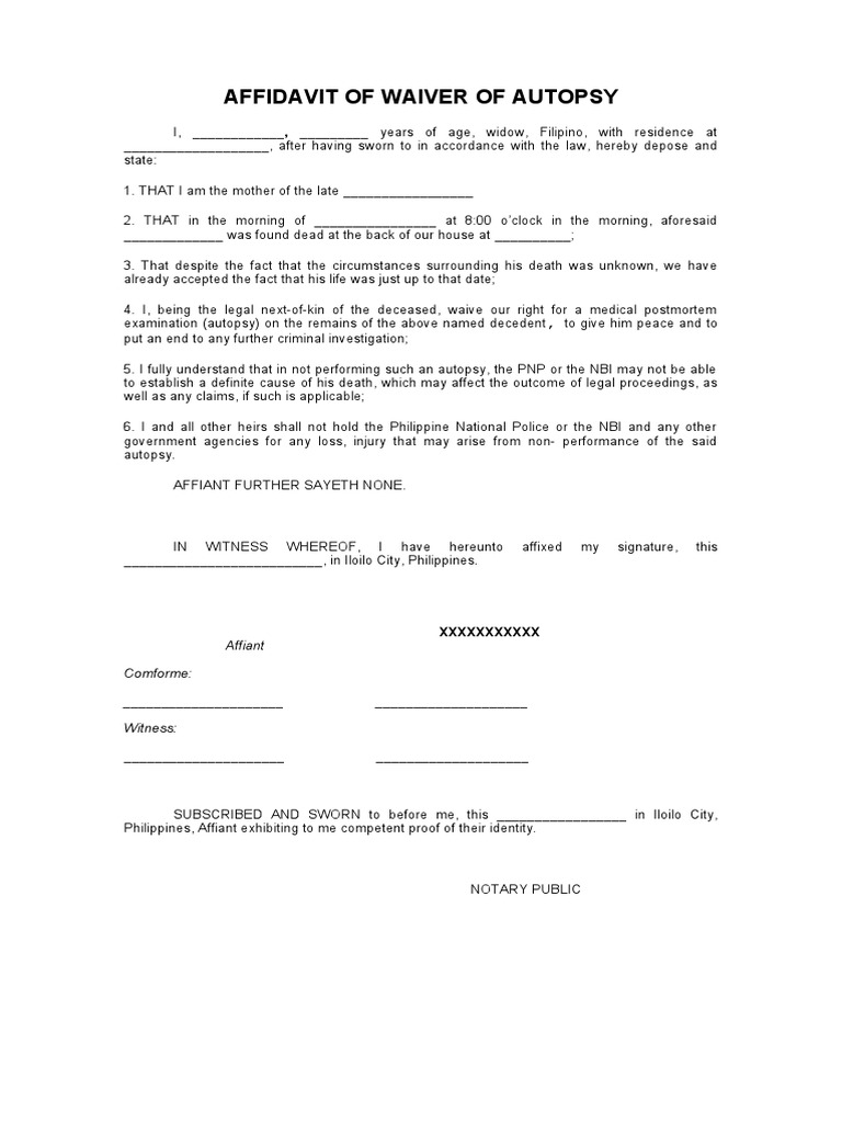 Affidavit Waiving Autopsy Rights | PDF