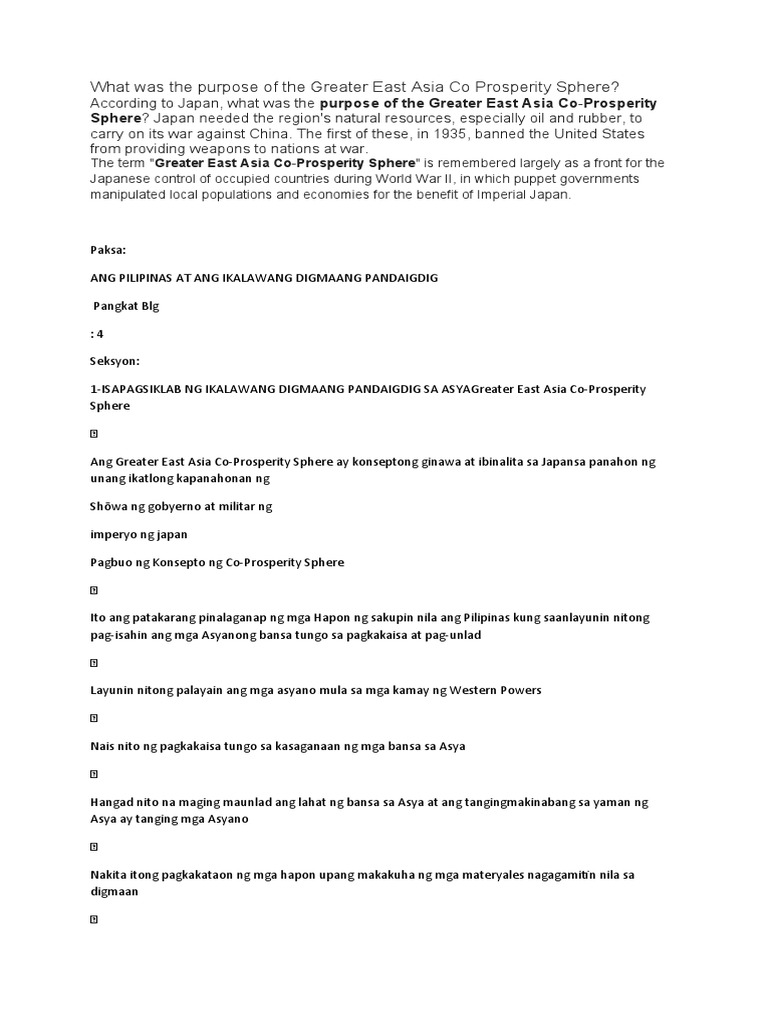 What Was The Purpose of The Greater East Asia Co Prosperity Sphere | PDF
