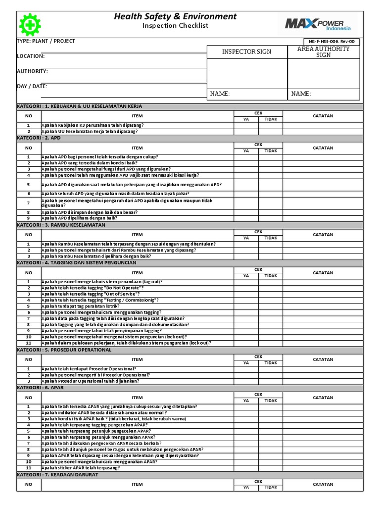 NG-F-HSE-006 Formulir HSE Inspection Checklist | PDF