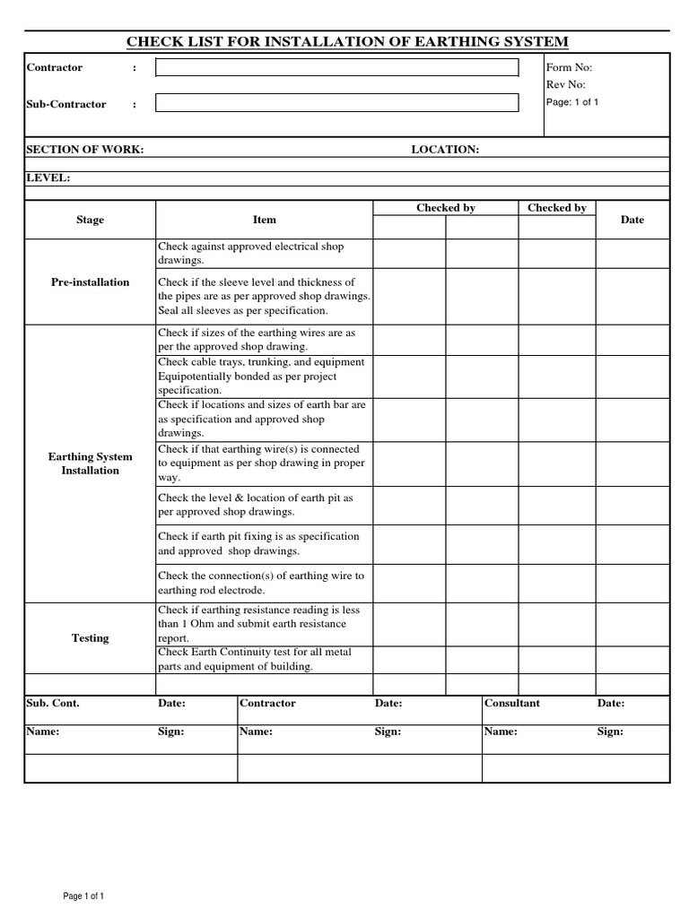 Earthing System Installation Checklist | PDF | Electrical Resistance ...