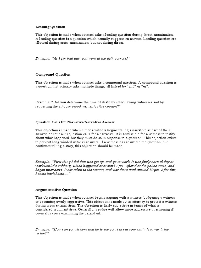 Cross Examination Objections | PDF | Question | Witness