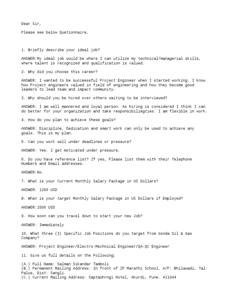 Questionnaire answers for ideal job at oil company | PDF | Employment ...