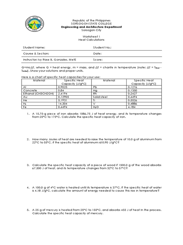 Worksheet #1 | PDF | Heat | Heat Capacity