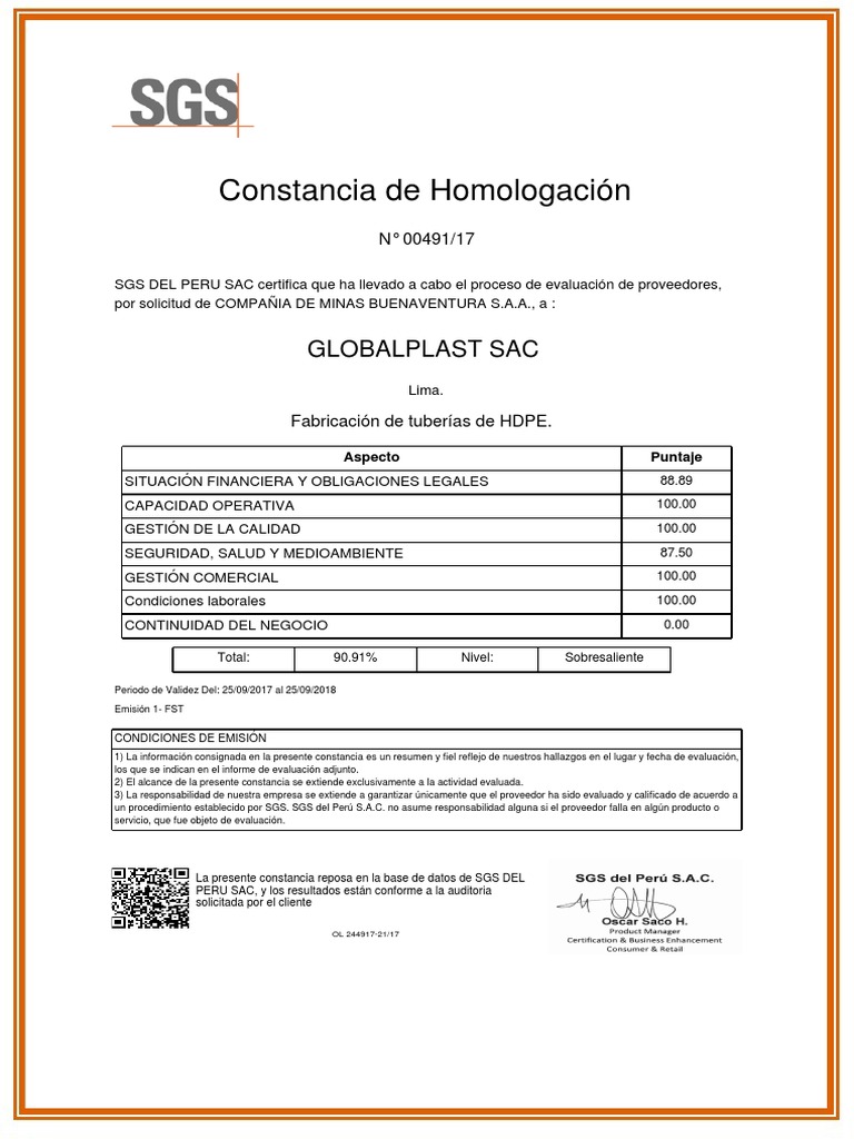 Certificado Homologacion SGS - 2018 | PDF | Calidad (comercial) | Economias