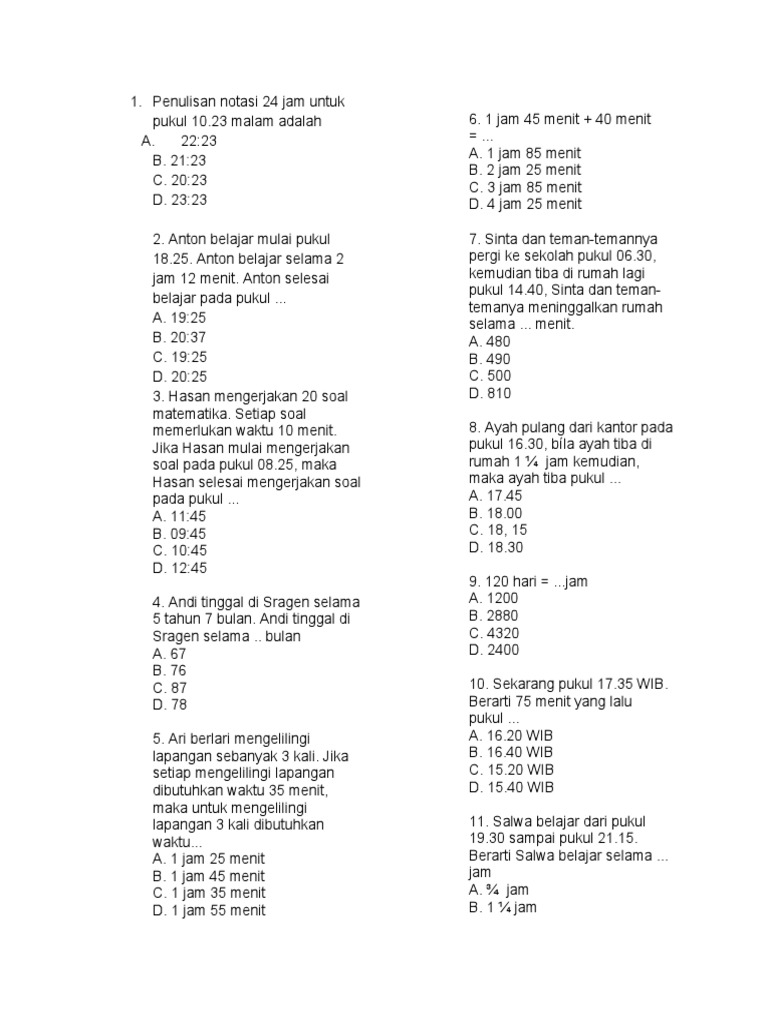 Soal SD Kelas 3 Satuan Jam | PDF