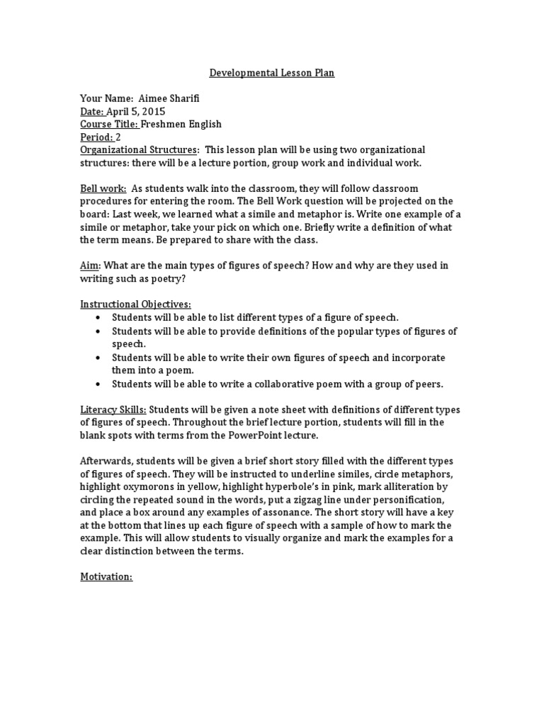 Lesson Plan Figures of Speech | PDF | Lesson Plan | Poetry