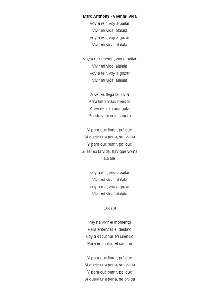 Letra de Vivir Mi Vida de Marc Anthony - MUSICA | PDF
