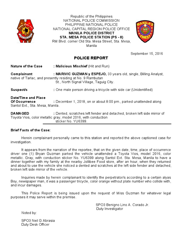 Police Report: Malicious Mischief Case | PDF | Law Enforcement | Crime ...