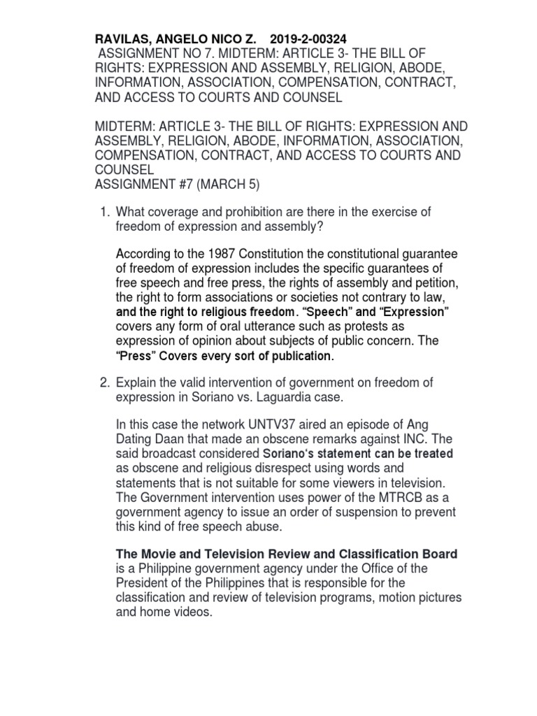 Bill of Rights Question and Answer | PDF | Freedom Of Speech | Freedom ...