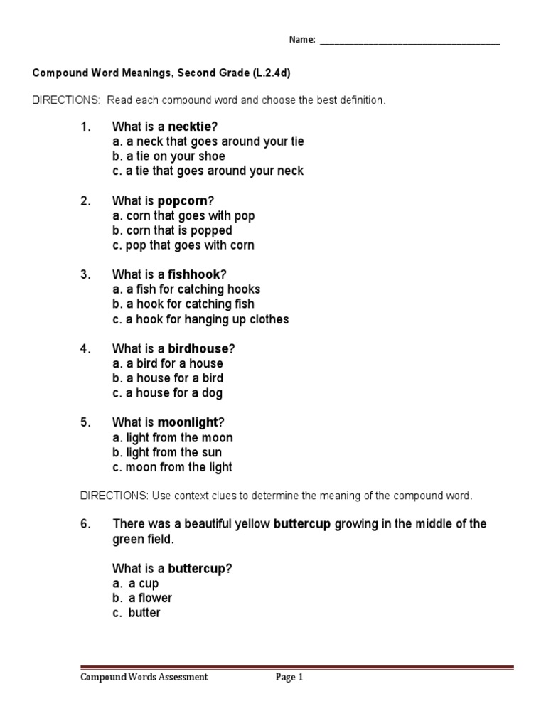 Compound Words Quiz for 2nd Grade | PDF