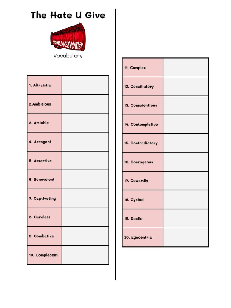 Vocabulary for "The Hate U Give" | PDF