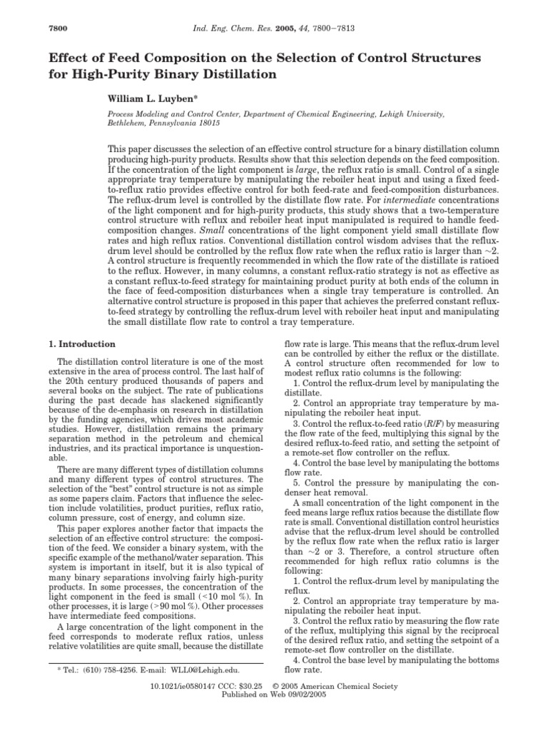 Effect Of Feed Comp On High Purity Binary Dist 2005 Luyben Ie0580147 Pdf Pdf
