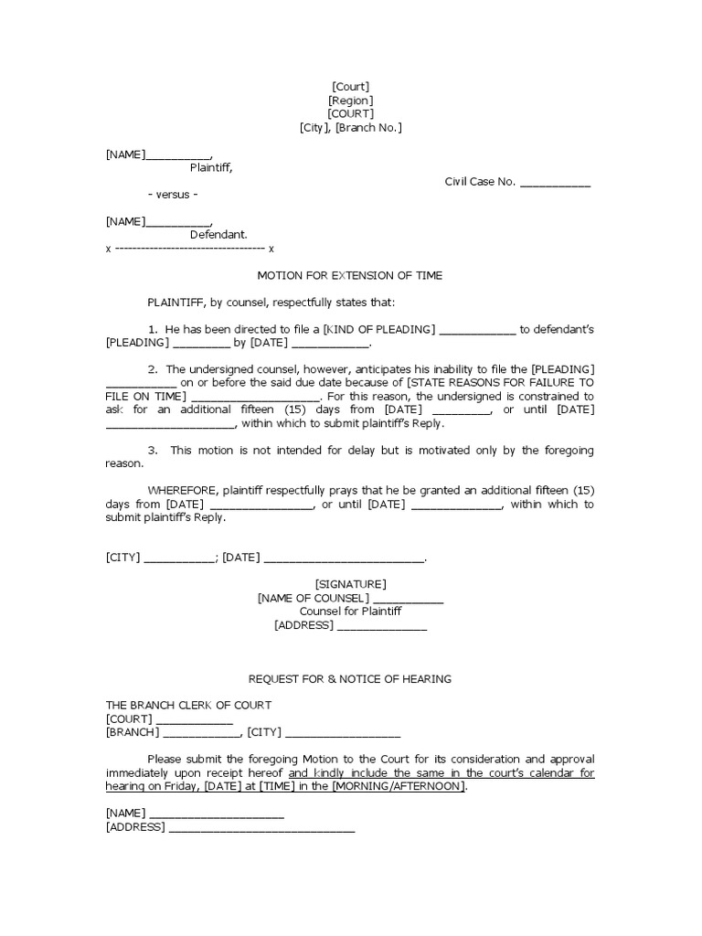 Motion For Extension of Time To File Pleading | PDF | Pleading ...
