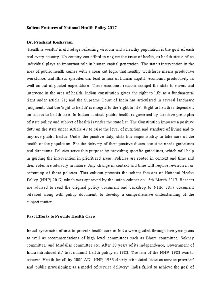 Salient Features of NHP 2017 | PDF | Hiv/Aids | Public Health