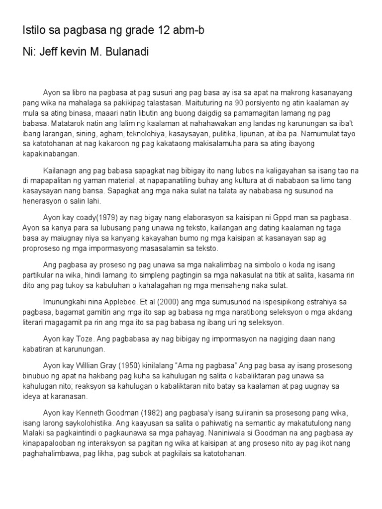 Istilo Sa Pagbasa NG Grade 12 Abm | PDF