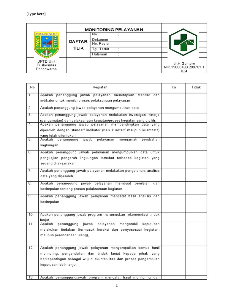 Daftar Tilik Monitoring Pelayanan | PDF