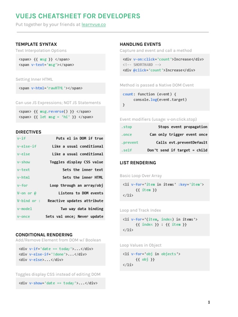 A Vuejs Cheatsheet For Developers Learnvue Pdf Control Flow Computer Programming 5189