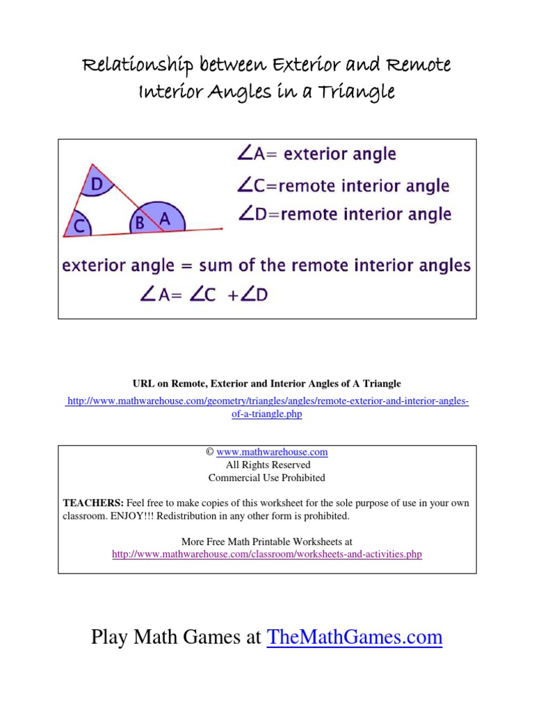 Remote Exterior Interior Angles PDF | PDF | Triangle | Angle