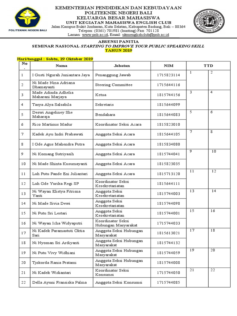 Contoh Format Absensi Panitia Seminar | PDF