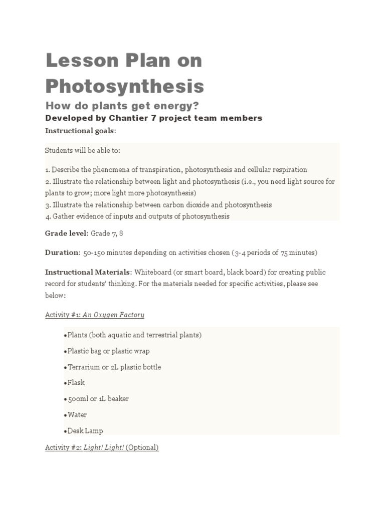 Grade 7 Photosynthesis Lesson Plan | PDF | Photosynthesis | Plants