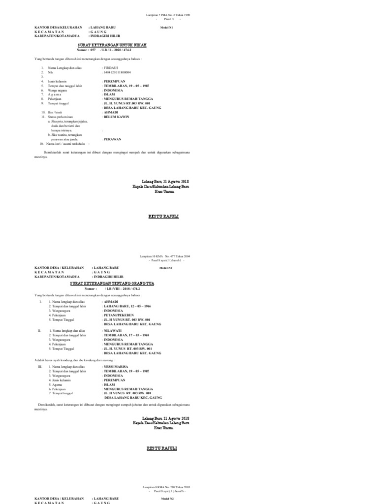 SURAT NIKAH Model N1, N2, N4 | PDF