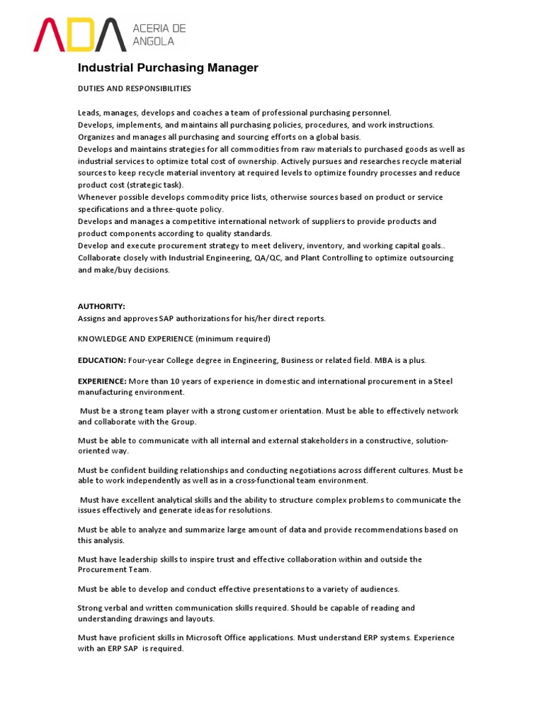 ADA - Industrial Purchasing Manager PDF | PDF | Procurement ...