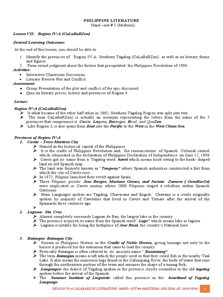Region IV-A LITERATURE | PDF | Tagalog Language | Philippines