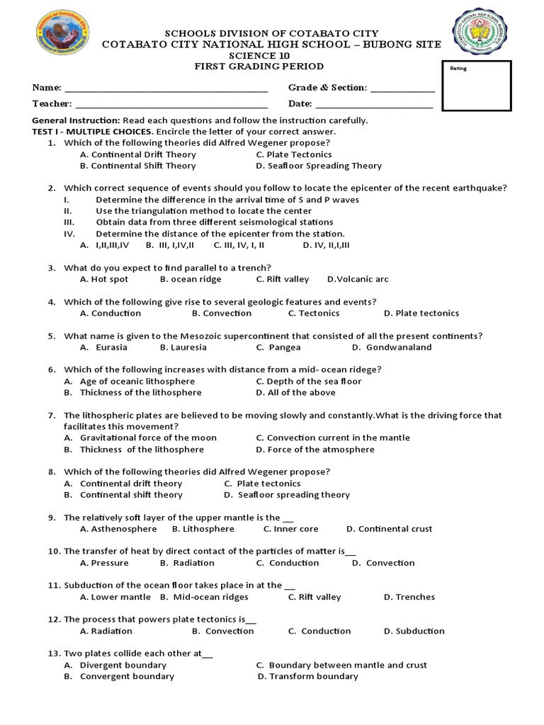 Science 10 First Grading Exam Guide | PDF | Plate Tectonics | Earth