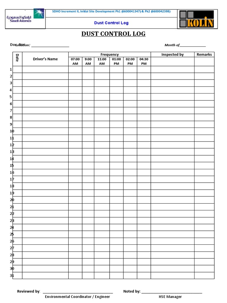 Dust Control Log Template | PDF