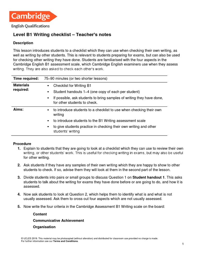 B1 Preliminary Writing Checklist | PDF | Question | Vocabulary
