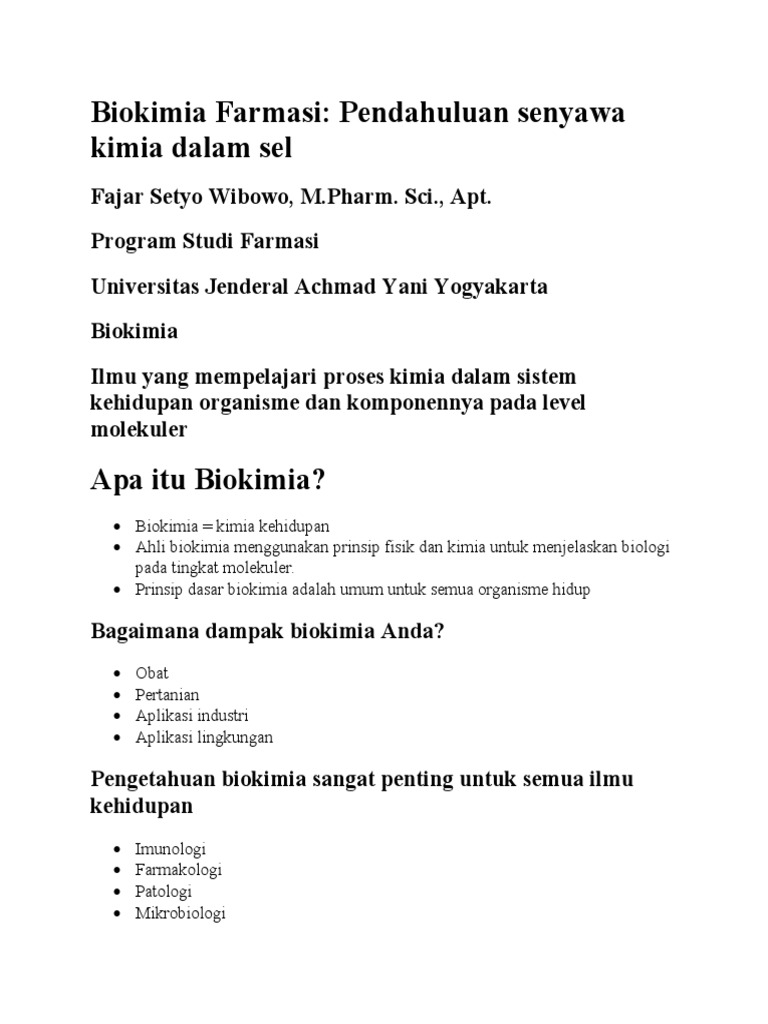 Biokimia Farmasi: Dasar Senyawa Sel | PDF