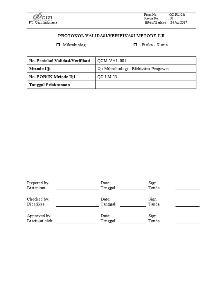 Protocol Validasi Uji Efektivitas Pengawet - Cahayu - EDIT00 - 03-12-2017 | PDF