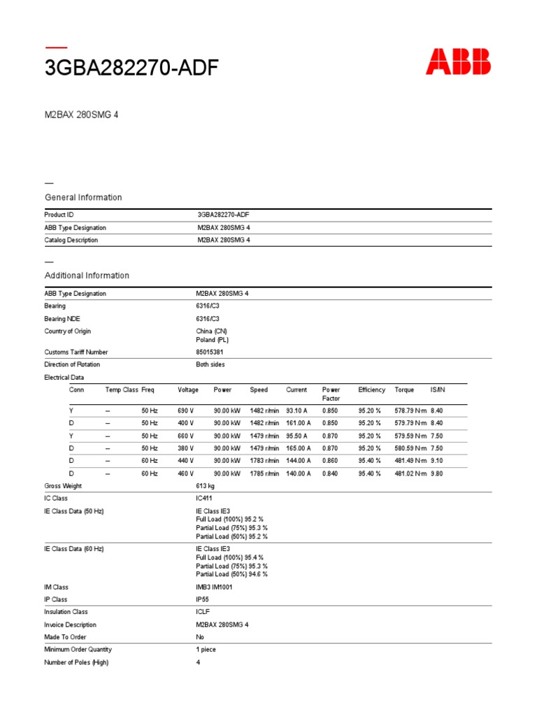 M2BAX 280SMG 4 Motor Specifications | PDF | Force | Electricity