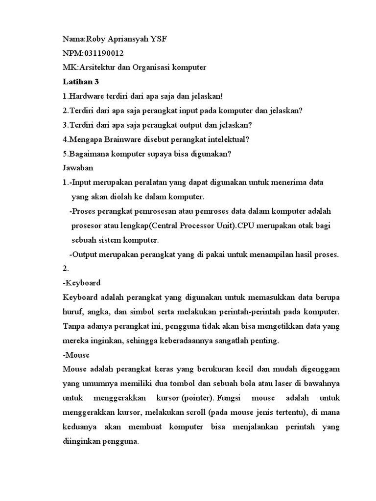 Komponen Komputer: Hardware, Input, Output, dan Brainware | PDF