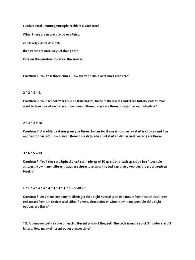 Fundamental Counting Principle Examples | PDF | Lunch | Foods