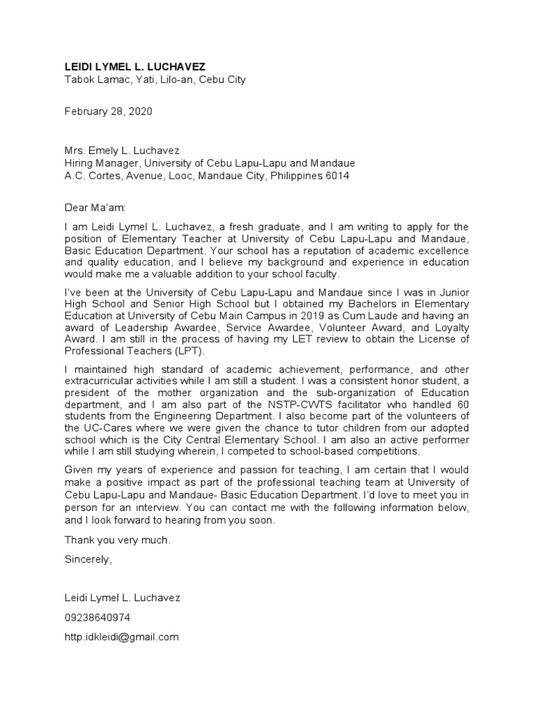 Sample Application Letter For BEED | PDF