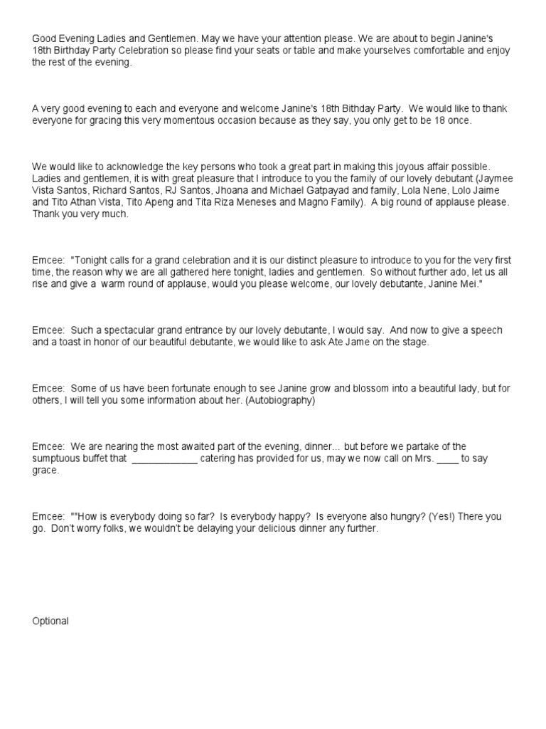 Script For Debut | PDF | Birthdays