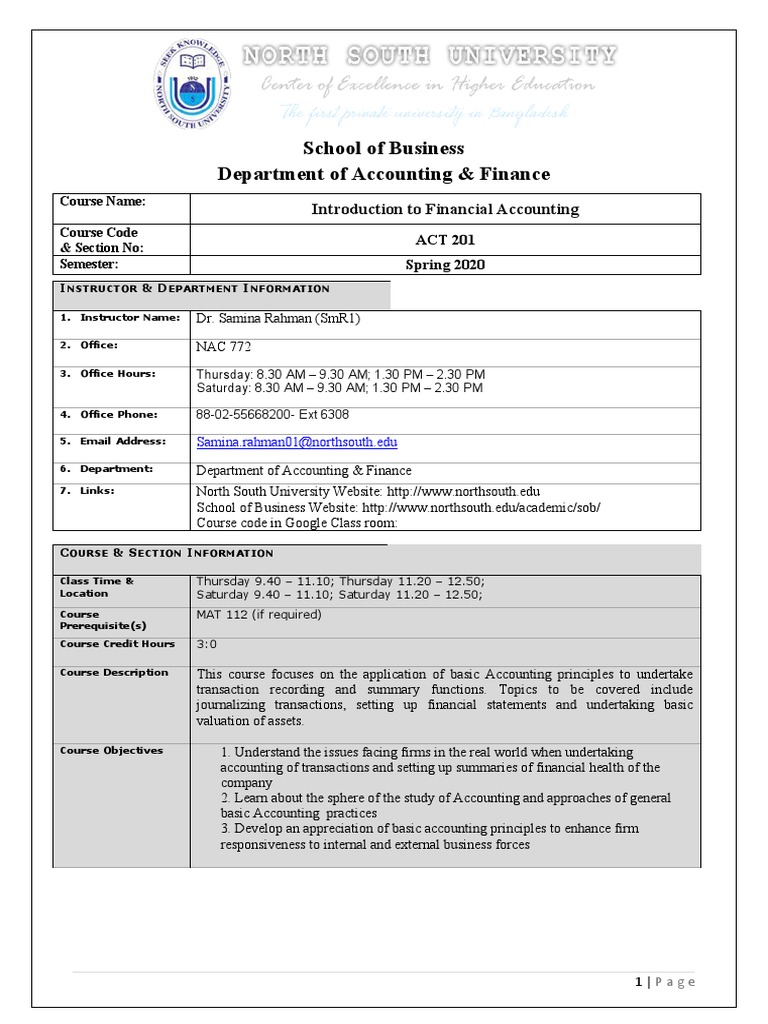 ACT 201 Course Outline - Spring 2020 | PDF | Special Education | Accounting