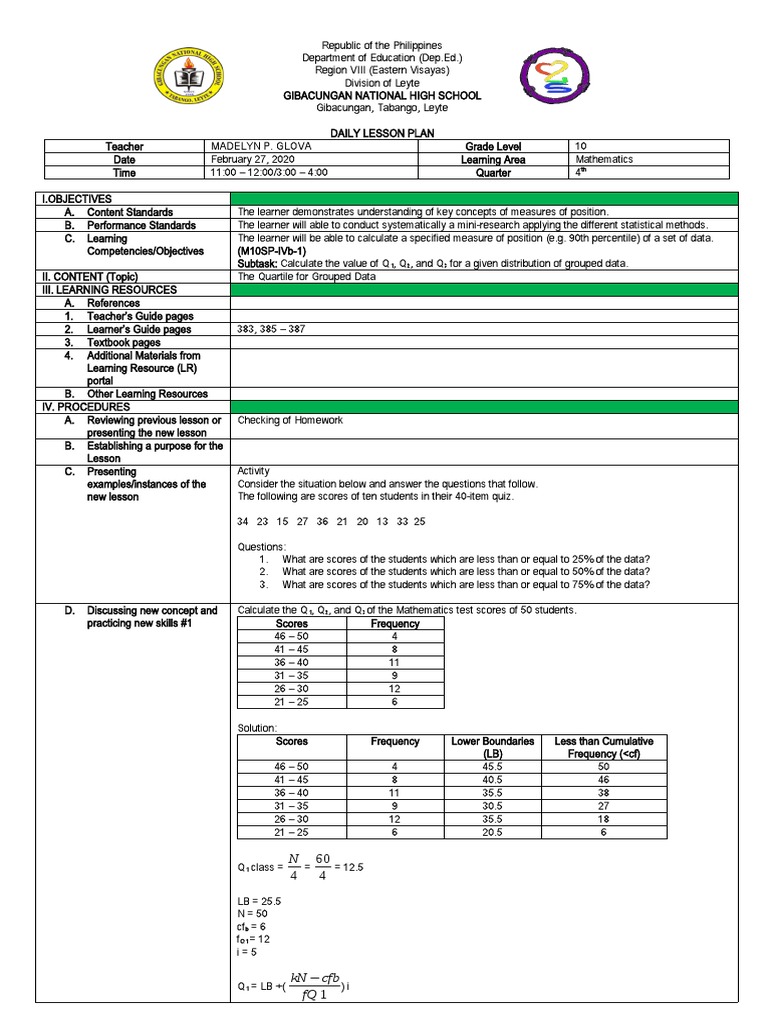 Grade 10 Math Daily Lesson Plan | PDF | Lesson Plan | Teachers