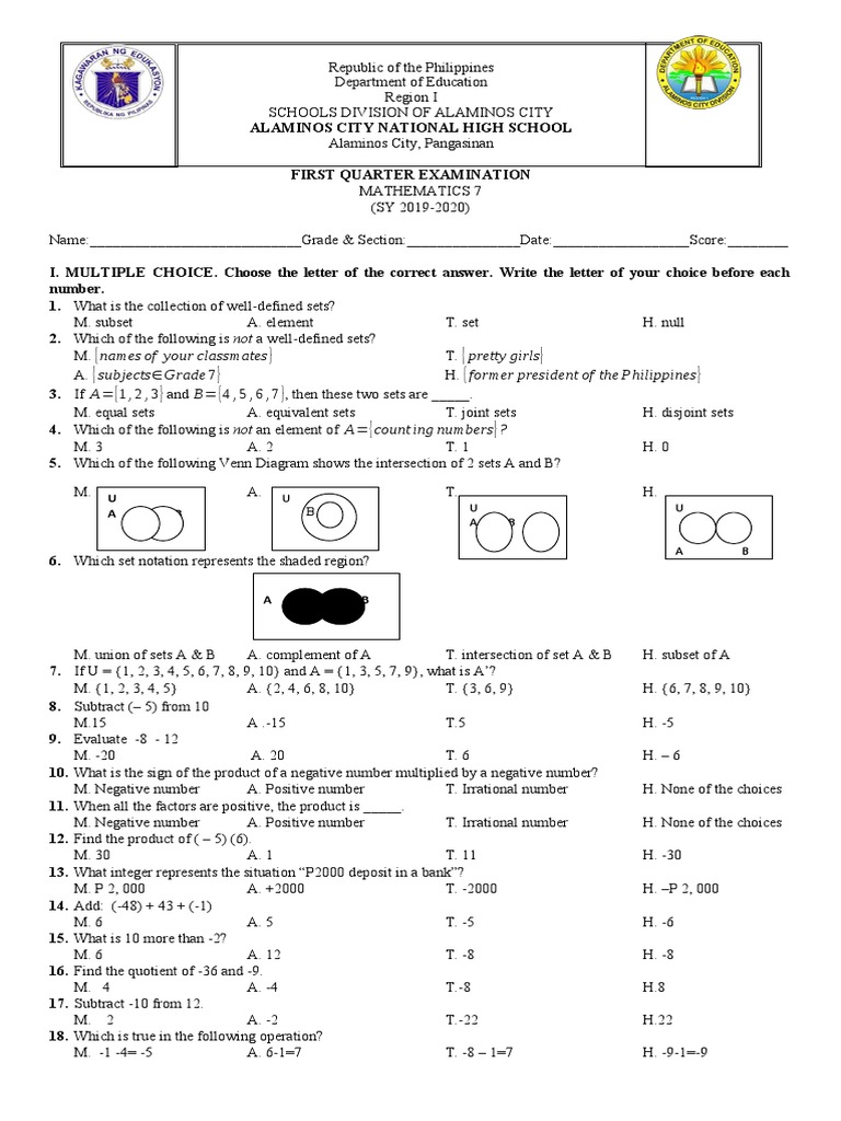 First Quarter Examination Grade 7 | PDF | Set (Mathematics) | Fraction ...