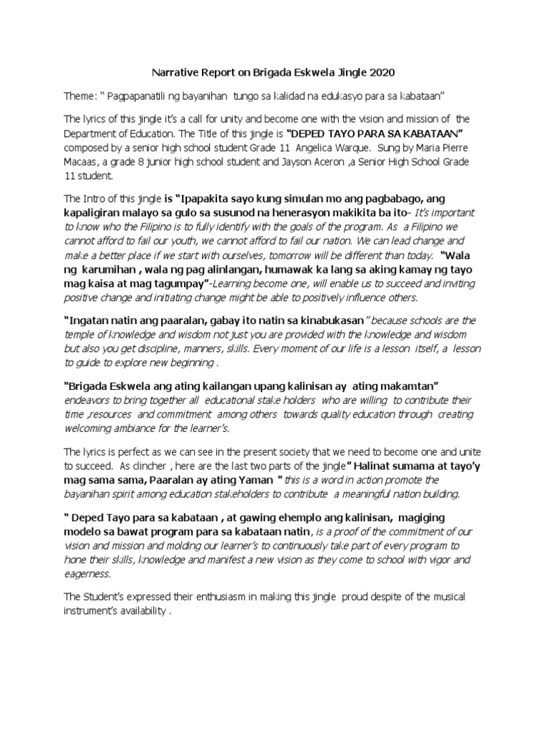 Narrative Report On Brigada Eskwela Jingle 2020 | Download Free PDF ...