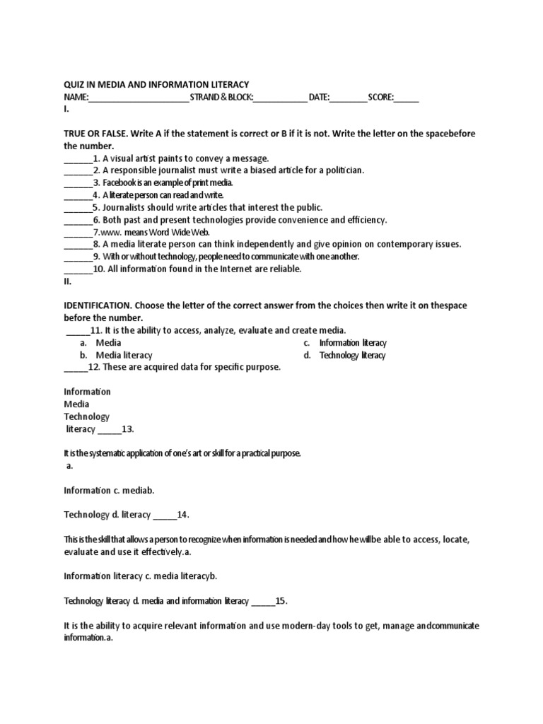 Media and Information Literacy Quiz | PDF | Information Literacy | Literacy