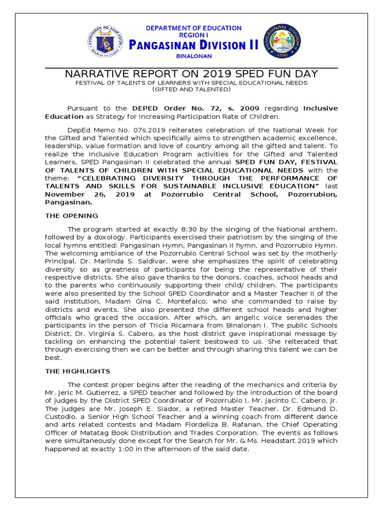 Narrative Report On 2019 Sped Fun Day | PDF | Teaching | Behavior ...