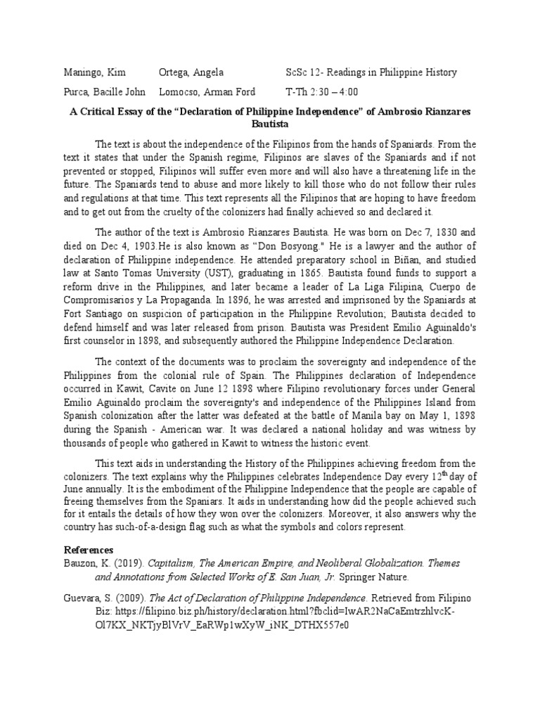 A Critical Essay of The "Declaration of Philippine Independence" of ...