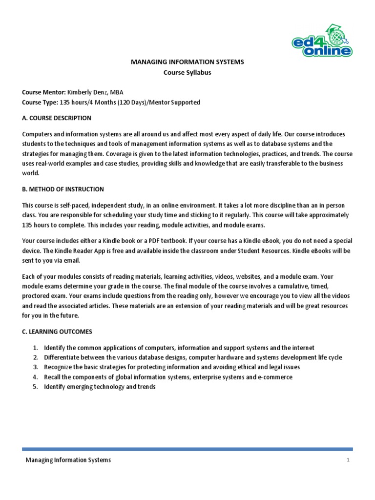 Managing Information Systems Syllabus | PDF | Academic Dishonesty ...