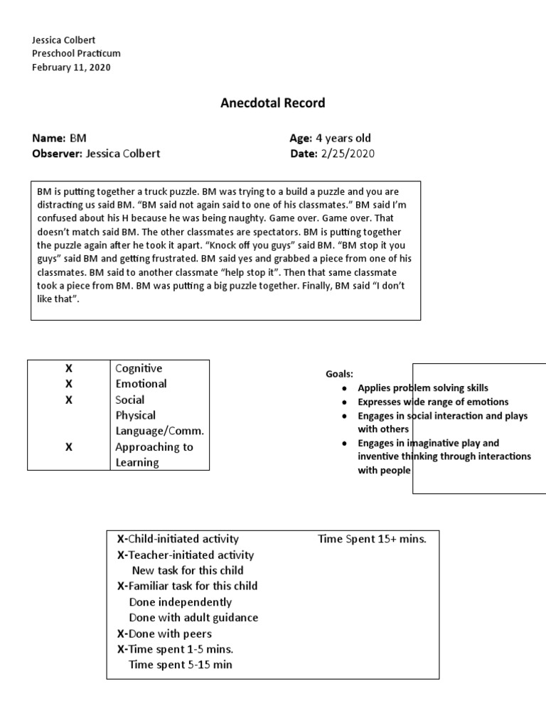 Anecdotal Records Examples For Preschool