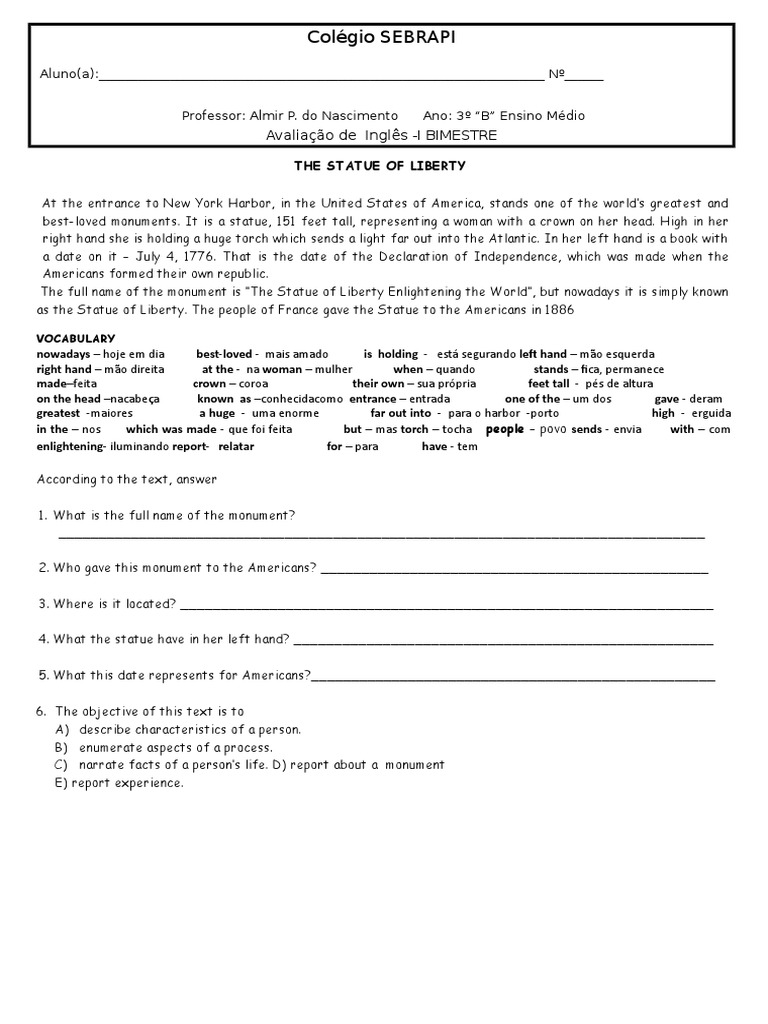English Assessment: Statue of Liberty | PDF